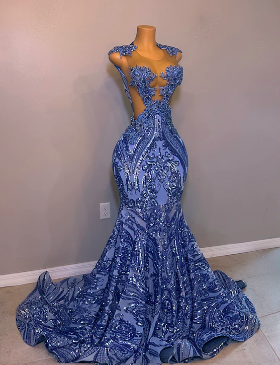 Blue Prom Dresses 2025 Sparkly Applique Mermaid Evening Gown 2026 ...