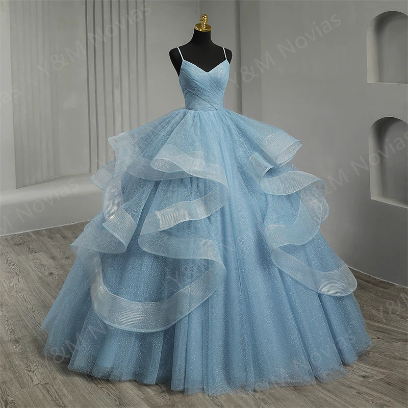 Elégant Blue Ruffle Ball Gown Prom Dress on Luulla