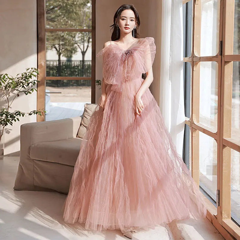 Blush Pink Off-shoulder Tulle Evening Gown on Luulla