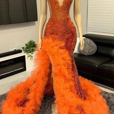 Gold Diamond Prom Dresses Vestidos De Graduacion Feather Luxury ...