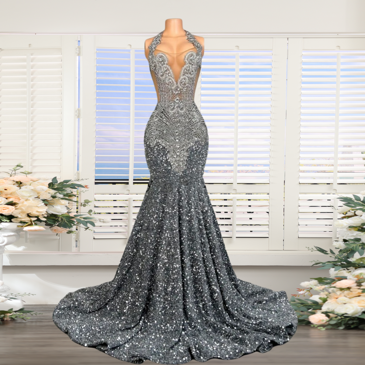 Fashion Luxury Prom Dresses 2025 Halter Gray Sparkly Evening Gowns For ...