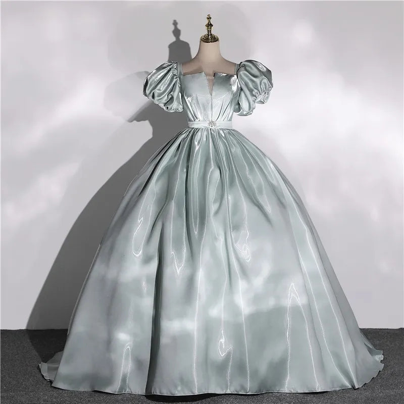 Elegant Satin Puff Sleeve Ball Gown Dress on Luulla