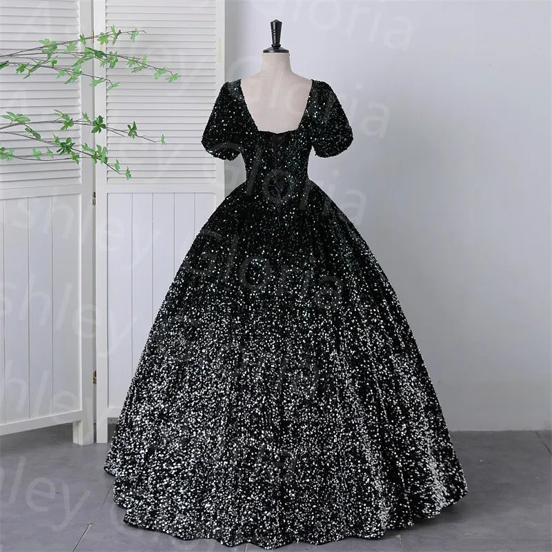 Black Sparkling Evening Gown With Puffy Sleeves on Luulla