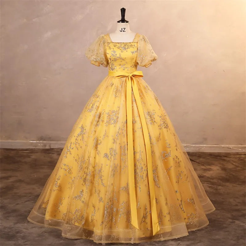 Yellow Sparkling Ball Gown With Lace Sleeves on Luulla