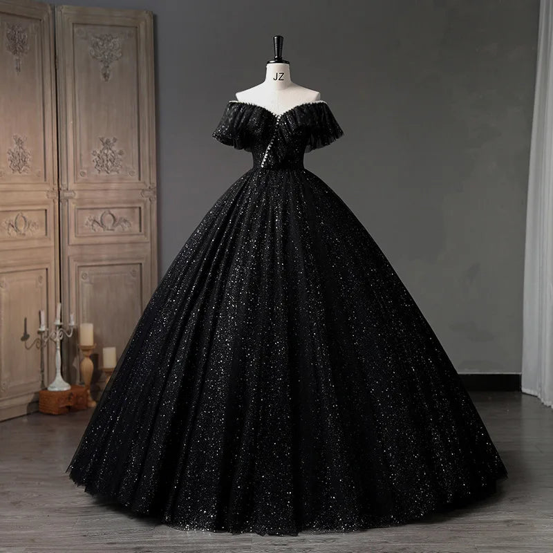 Elegant Sparkly Off-shoulder Black Ball Gown on Luulla