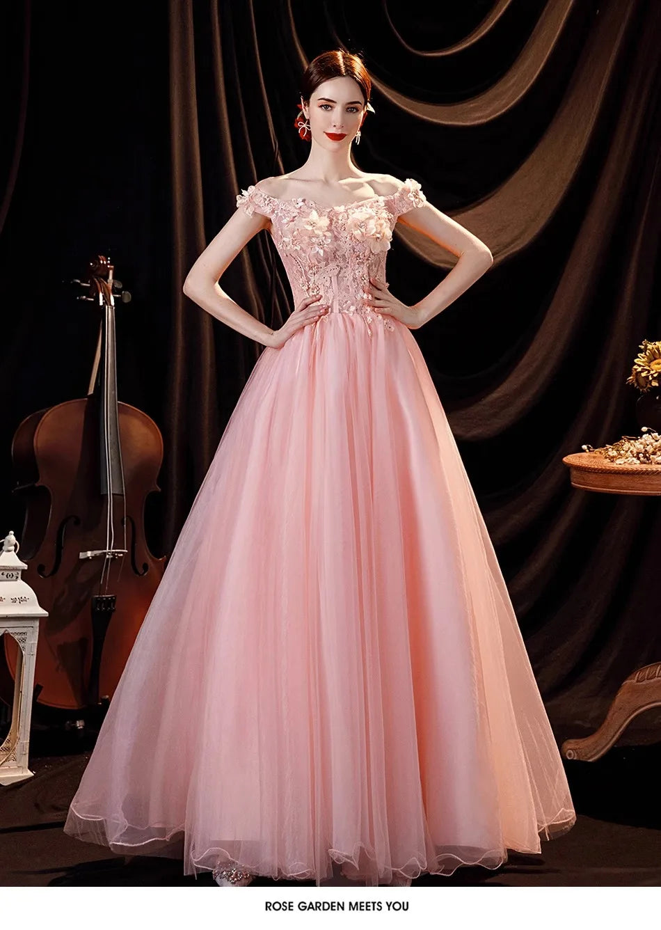 Elegant Pink Floral Off-shoulder Evening Gown on Luulla