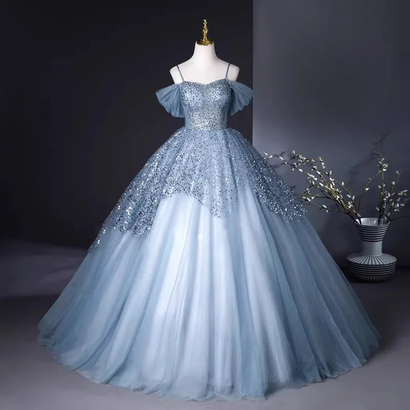 Elegant Blue Sequin Ball Gown Prom Dress on Luulla