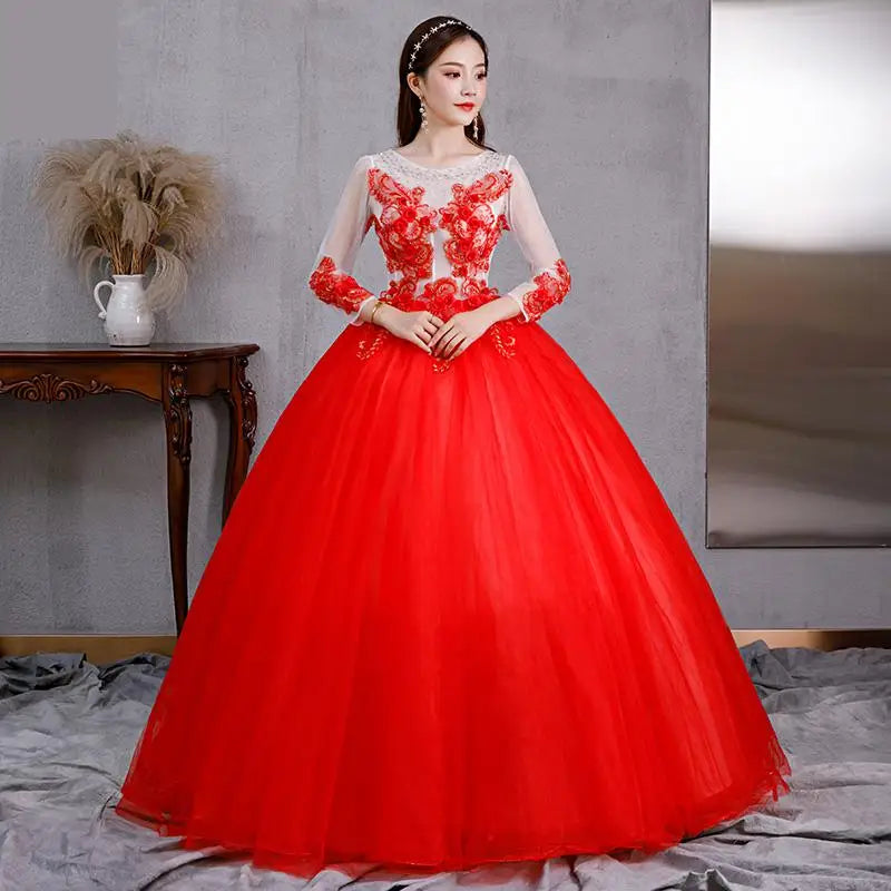 Elegant Red Ball Gown With Floral Embroidery on Luulla