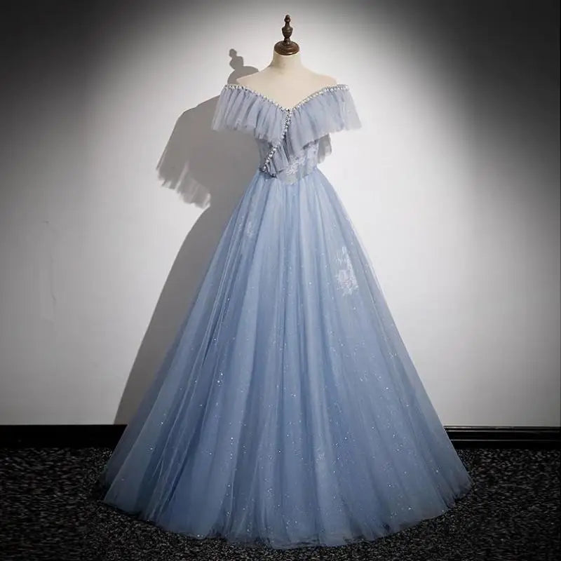 Elegant Off-shoulder Blue Tulle Evening Gown on Luulla