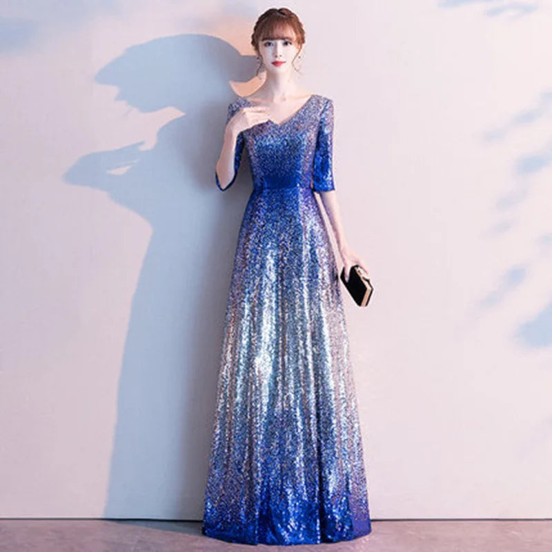 Elegant Blue Gradient Sequin Evening Gown Dress on Luulla