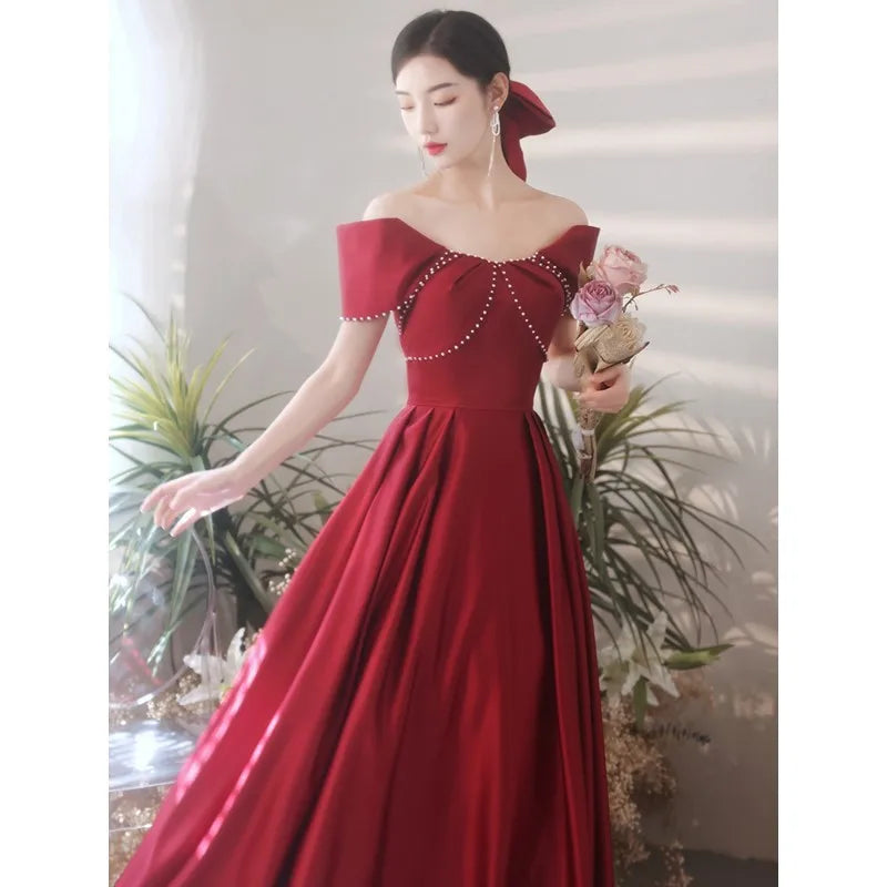 Elegant Off-shoulder Red Gown With Pearls on Luulla