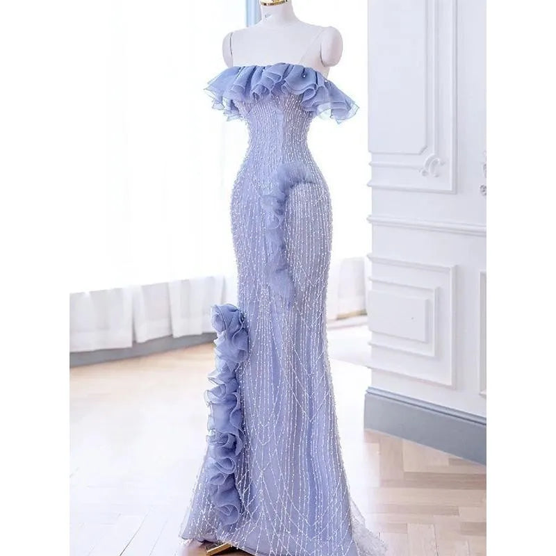 Elegant Off-shoulder Lavender Ruffle Evening Gown on Luulla