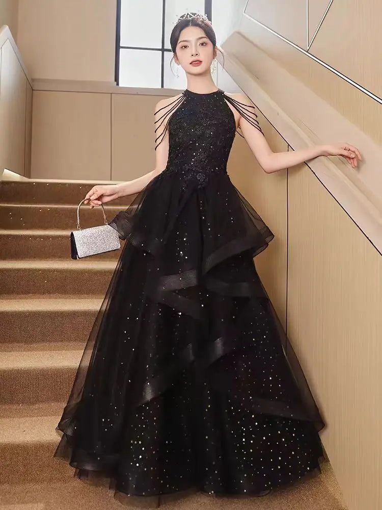 Elegant Black Sparkling Evening Gown With Layers on Luulla