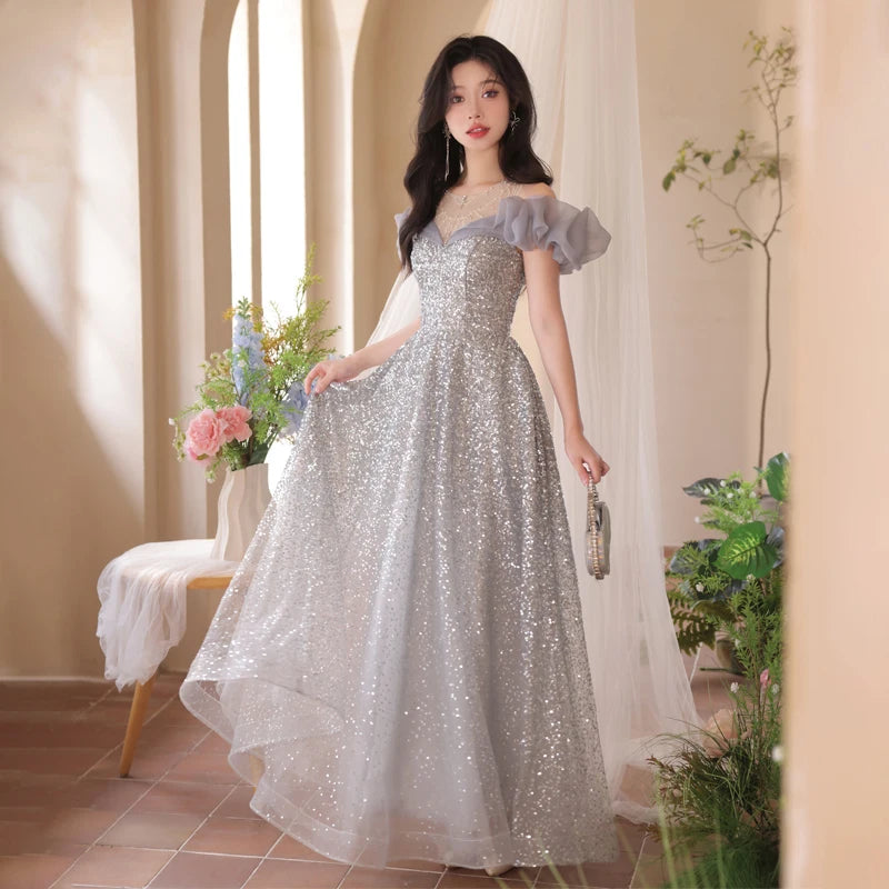 Elegant Off-shoulder Silver Glitter Evening Gown on Luulla