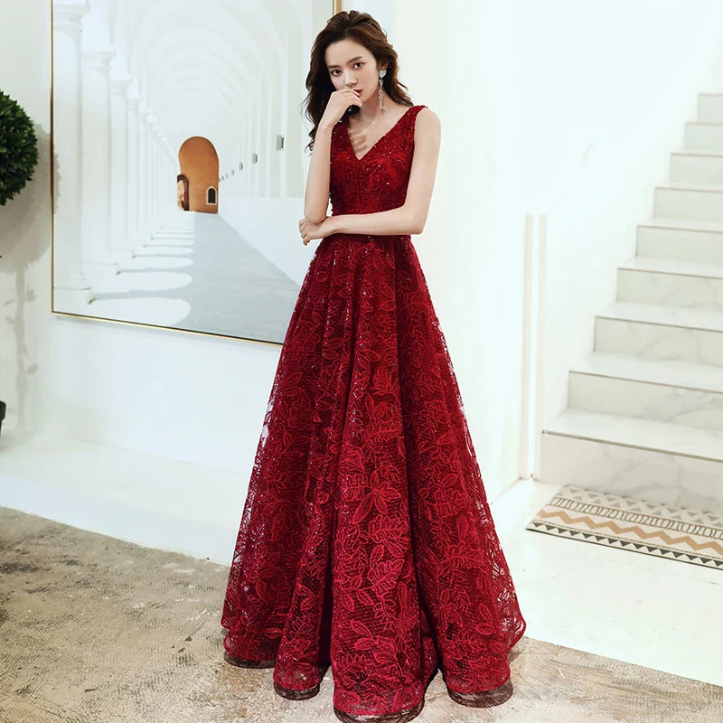 Elegant Red Lace Evening Gown For Women on Luulla