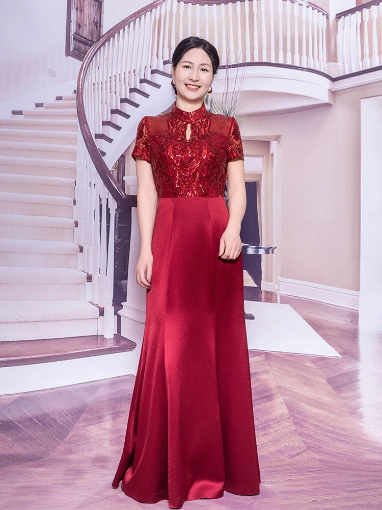 Elegant Red Lace Satin Evening Gown on Luulla