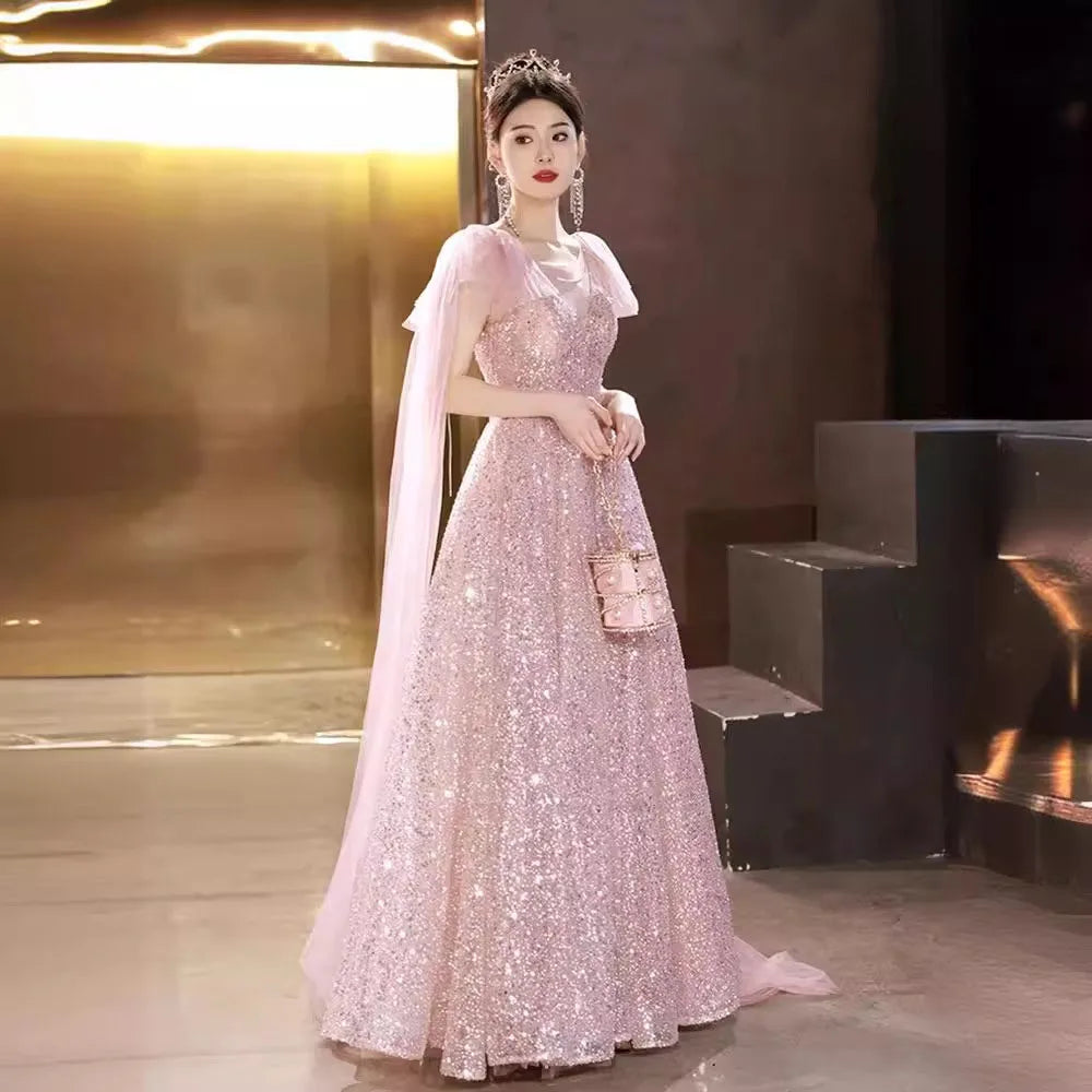 Elegant Sequin Pink Evening Gown With Train on Luulla