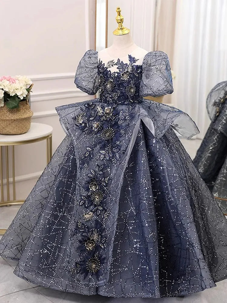 Elegant Blue Flower Embellished Girls Party Dress on Luulla