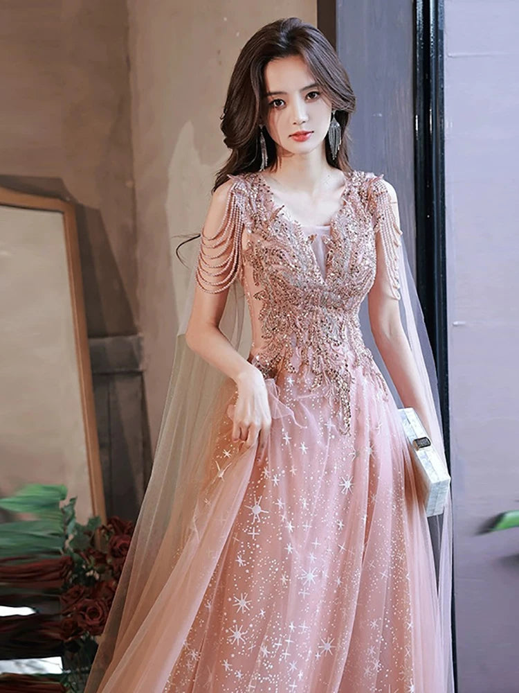 Elegant Blush Pink Beaded Evening Gown Dress E on Luulla
