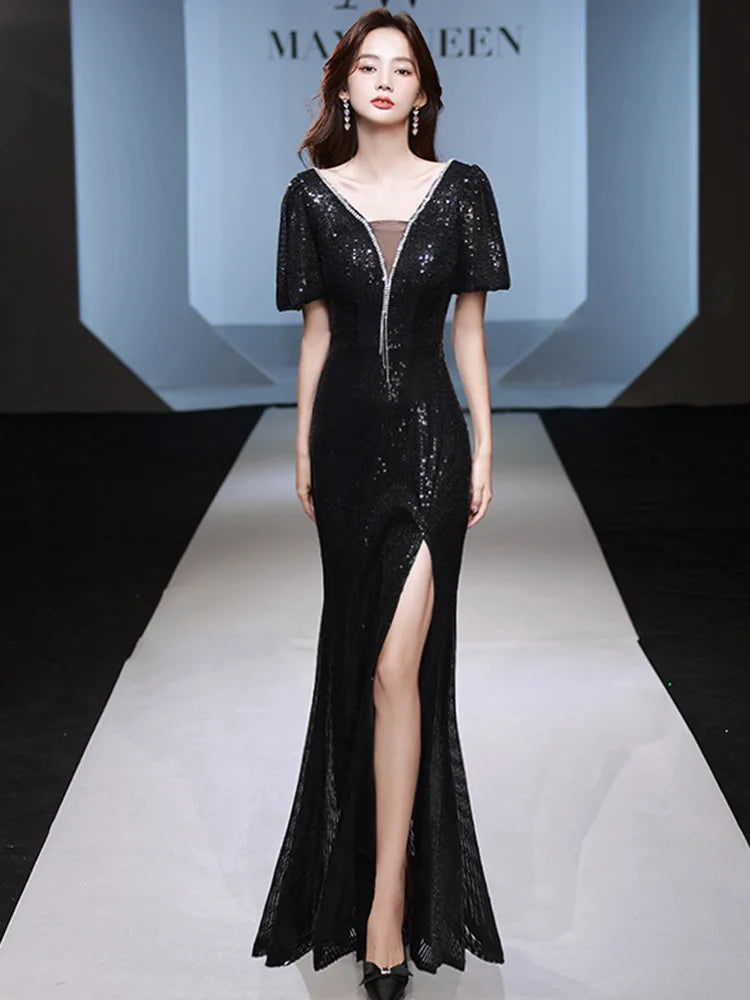 Elegant Black Sequin Evening Gown With Slit on Luulla