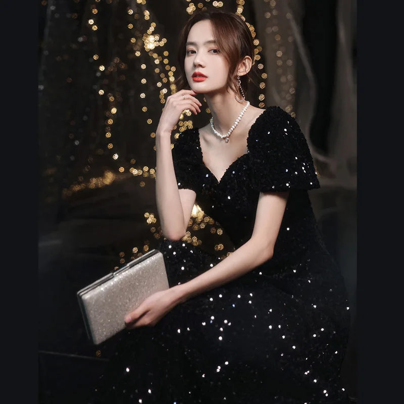 Elegant Black Sequin Evening Gown With Sleeves on Luulla