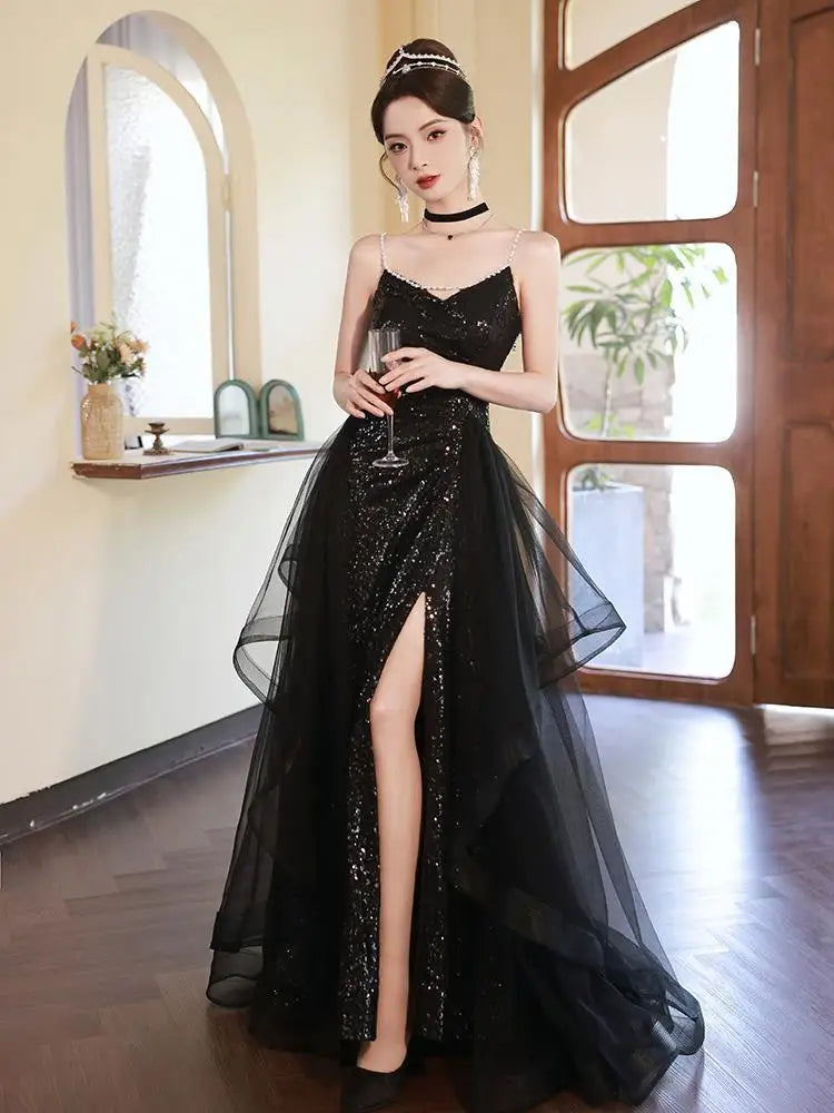 Elegant Black Sequin Evening Gown With Slit on Luulla