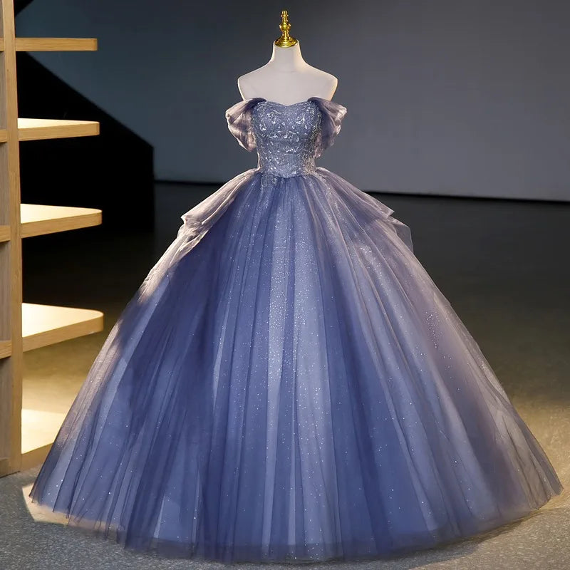 Elegant Sparkly Blue Off-shoulder Ball Gown on Luulla