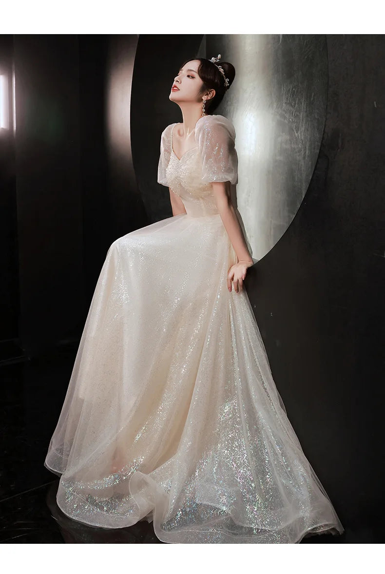 Stunning Shimmering Gown With Sheer Puff Sleeves on Luulla